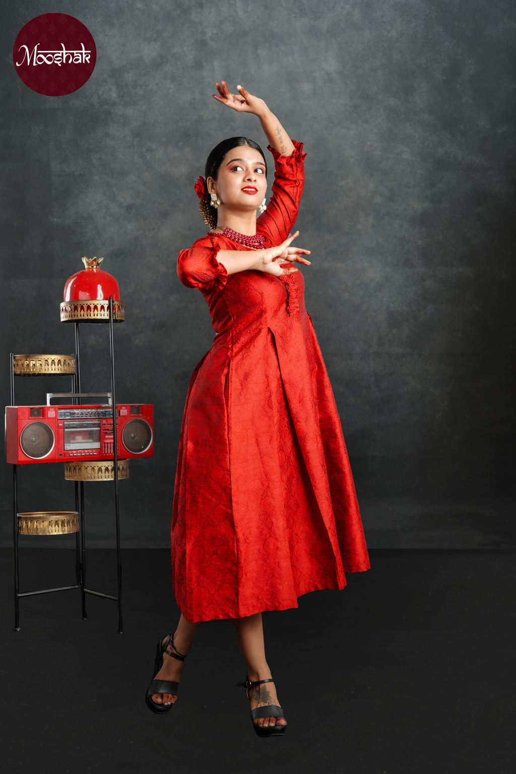 Kinkini - Dresses in Red brocade with self motif